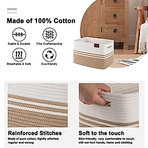 SIXDOVE Storage Basket, Woven Basket for Toys and Towels, Soft Cotton Rope Rectangle Woven Basket for Storage, Pack of 3, Jute and White, 15''L x 10''W x 9''H