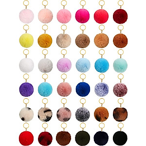 Hicarer 36 Pom Poms Keychains Faux Rabbit Fur Pompoms Keyring Pompom Keychain (2.4 Inch)