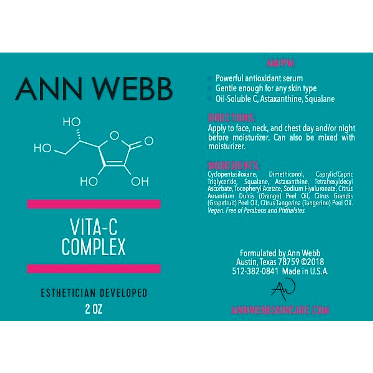 ANN WEBB Skin Care Vitamin C Serum - Firmer, Brighter, more Radiant Skin. Vit C Serum w/Vit E, Hyaluronic Acid & packed w/Powerful Anti-aging, Damage-Repairing, UV-protecting Anti-oxidants. 2oz