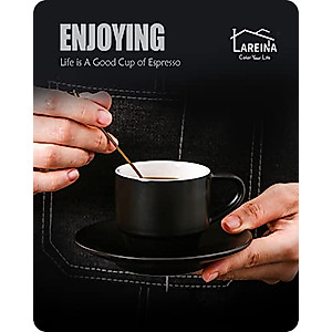 Lareina Porcelain Stackable Espresso Cups with Saucers, Spoons and Metal Stand 4 Ounce Small Cappuccino Coffee Cups Set of 6 - Ceramic Demitasse Cups for Nespresso Lungo, Double Espresso, Black