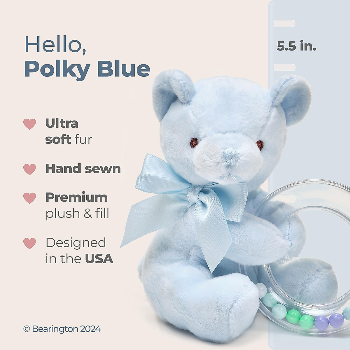 Bearington Baby Polky Blue Plush Stuffed Animal Teddy Bear Shaker Toy Ring Rattle, 5"