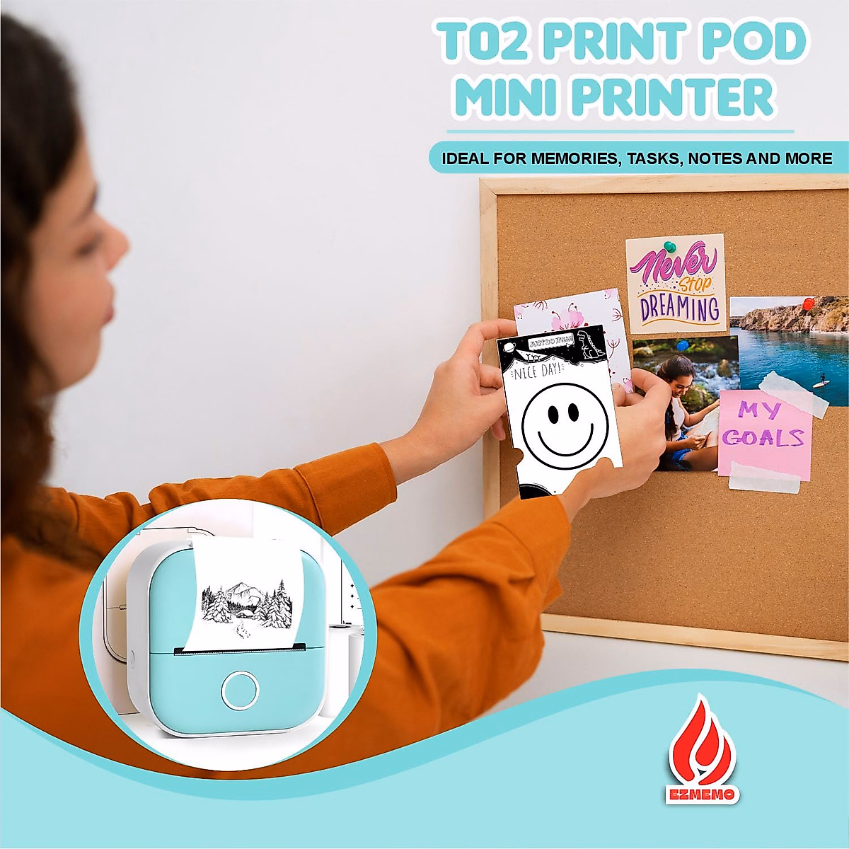 T02 Mini Printer, Portable Sticker Printer Efficiently and Quickly, Thermal Printer for Study Notes, Pictures, DIY, Label, Free App with Multiple Templates-for Android & iOS Green