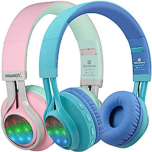 2 Packs Riwbox WT-7S Kids Headphones Wireless, Foldable Stereo Bluetooth Headset with Mic Compatible with PC/Laptop/Tablet/iPad Pink&Blue