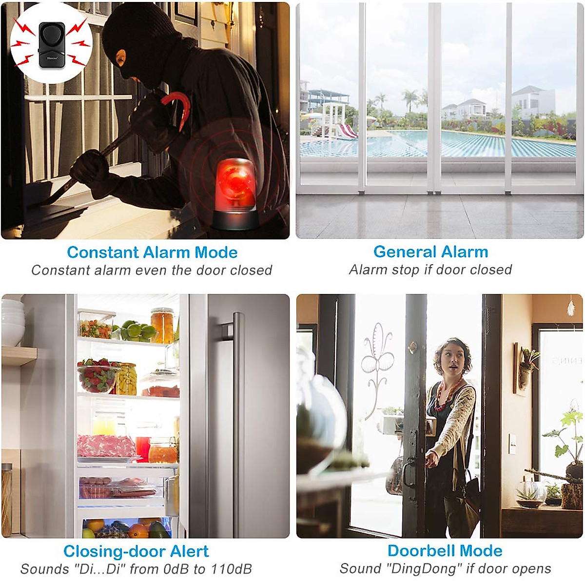 WSDCAM Window and Door Alarms for Home Security, 110dB Magnetic Sensor Alarm, Pool Door Alarm for Kids Safety, 4-in-1 Mode Small Wireless Window Alarms 4 Pack - Black