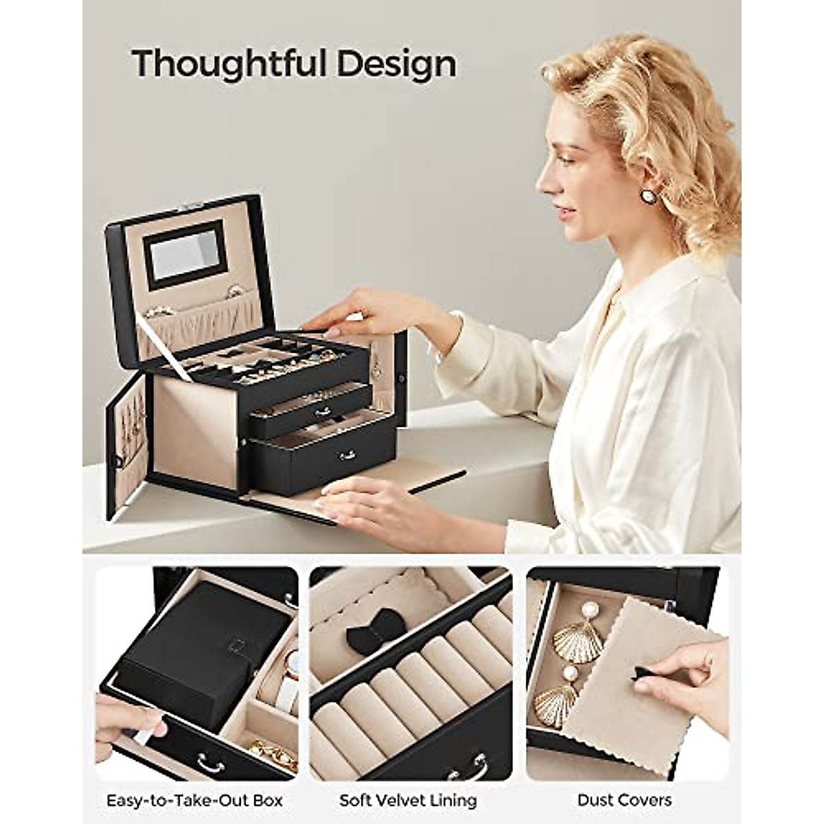 SONGMICS Jewelry Box 3 Layers, Jewelry Organizer with 2 Drawers, Jewelry Case with Portable Travel Case, with Handle, Lockable, Jewelry Storage, Gift for Loved ones, Black UJBC121B