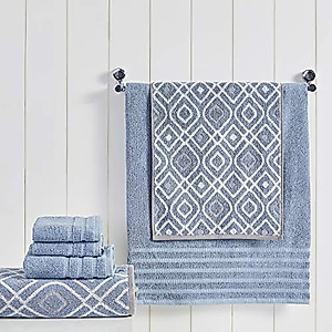 Modern Threads Amrapur Overseas 6-Piece Yarn Dyed Oxford Stripe Jacquard/Solid Ultra Soft 500GSM 100% Combed Cotton Towel Set [Blue]