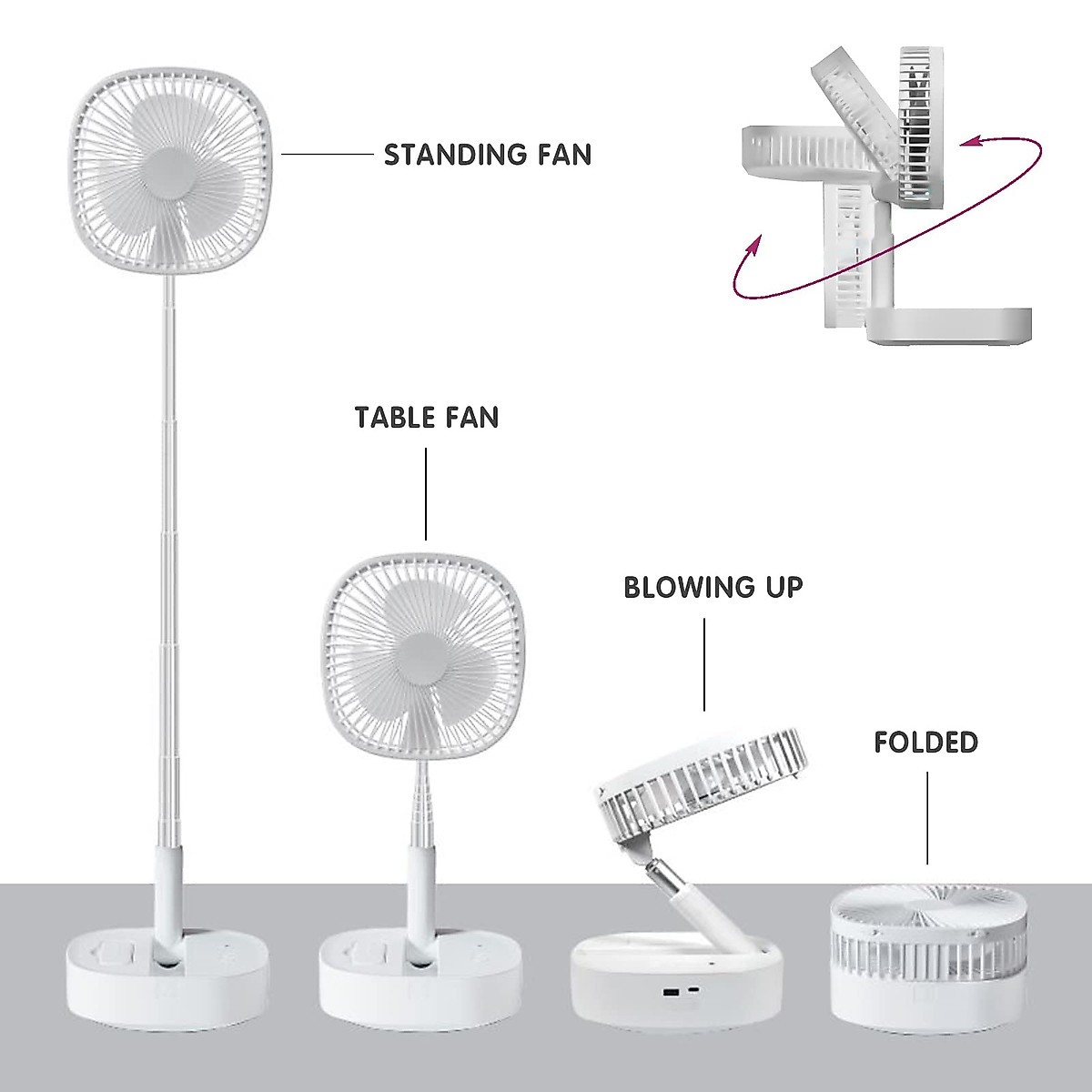 Magesh Oscillating Pedestal Foldable Desk and Floor Fan, Table Fan, Remote Control Telescopic 4 Speed Quiet Timer Fan for Bedroom Camping (White)