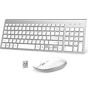 Wireless Keyboard and Mouse - FENIFOX USB Slim 2.4G Wireless Keyboard Mouse Combo Full-Size Ergonomic Compact with Number Pad for Laptop PC Computer Windows mac- Silver White