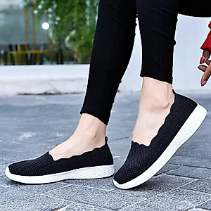 Puxowe Women's Slip on Wide Walking Flat Shoes-Comfortable Low-Top Knit Width Loafer Sneaker Black Size 9 US