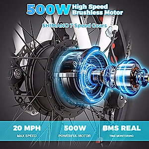 ECOTRIC 20" Folding Electric Bike Ebike 36V/12.5AH Lithium Battery 500W Powerful Rear Motor Step-Through Fat Tire Bicycle Shimano 7 Speed Gear (Black/White) 90% Pre-Assembled