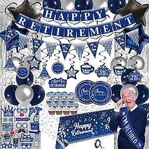 Happy Retirement Party Decorations blue - (89pack) blue party Banner, Pennant, Hanging Swirl, Foil Backdrops, balloons, Tablecloths, cupcake Topper,plates, Photo Props, retired Sash