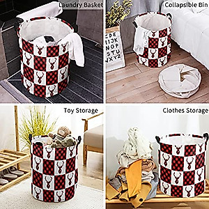 Laundry Basket Christmas Elk Red Buffalo Lattice,Waterproof Collapsible Clothes Hamper Antlers Black Plaid,Large Storage Bag for Bedroom Bathroom 60L