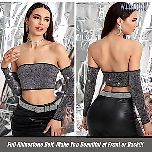 WERFORU Women Bling Rhinestone Soft Jeans Dress Belt Shiny Crystal Waist Belt with Silver Buckle, Black, 39.4" Length,Fit Size 27"-31"