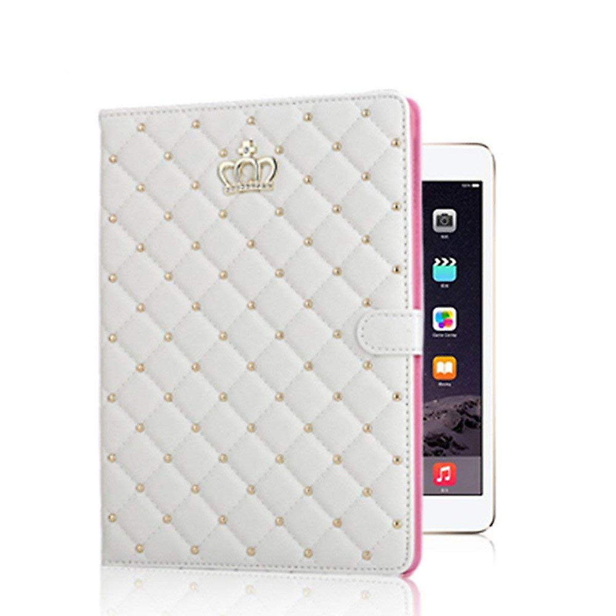 Topwin Crown Design Case for iPad 9.7 2018 2017/ iPad Air 2 / iPad Air, Diamond Cute Elegant PU Leather Smart Auto Sleep/Wake Stand Shockproof Case for Apple iPad 5th/6th (White