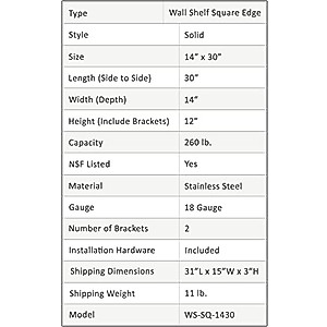 AmGood 14" Width x 30" Length | Stainless Steel Wall Shelf | Square Edge | Metal Shelving | Heavy Duty | Commercial Grade | Wall Mount | NSF Certified