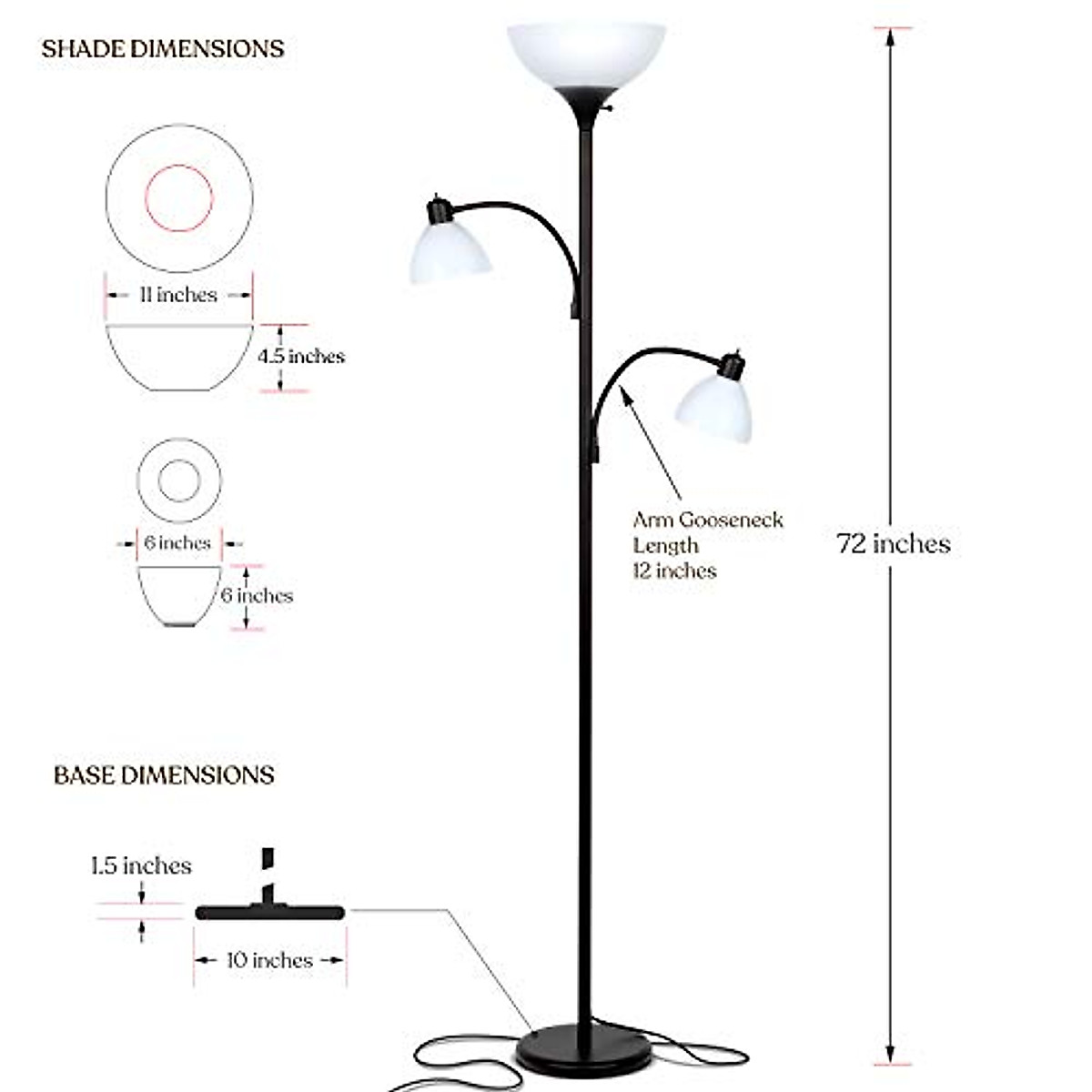 Brightech Sky Dome Double LED Floor lamp, Torchiere Super Bright Floor Lamp with 2 Reading Lamps for Living Rooms & Offices - Dimmable Tall Standing Lamp for Bedroom Reading - Tall Black Pole