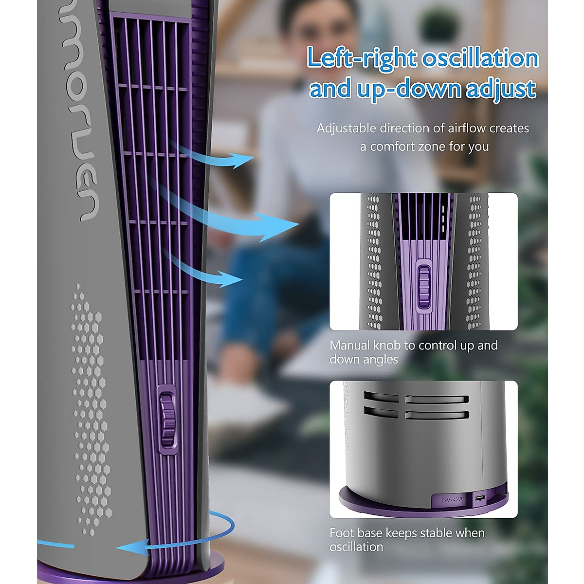 CONBOLA Bladeless Desk Fan, 16 Inch, Oscillating, LED Light, Timer, 10000mAh Battery Operated Rechargeable Fan, Gray