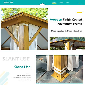 MELLCOM 12' x 16' Hardtop Gazebo, Wooden Grain Coated Aluminum Frame Outdoor Gazebo with Aluminum Double Roof, Claret Metal Gazebo with Curtains and Nettings for Patios, Gardens, Lawns