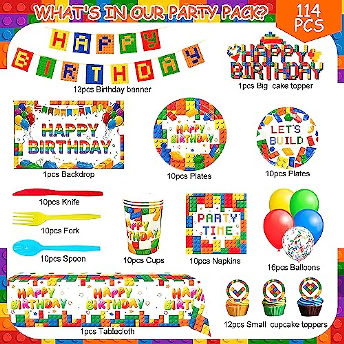 Building Blocks Birthday Party Supplies,114pcs Building Block Party Decorations&Building Blocks Tableware Set - Building Blocks Party Plates Napkins Backdrop Balloons etc Building Block Party Supplies