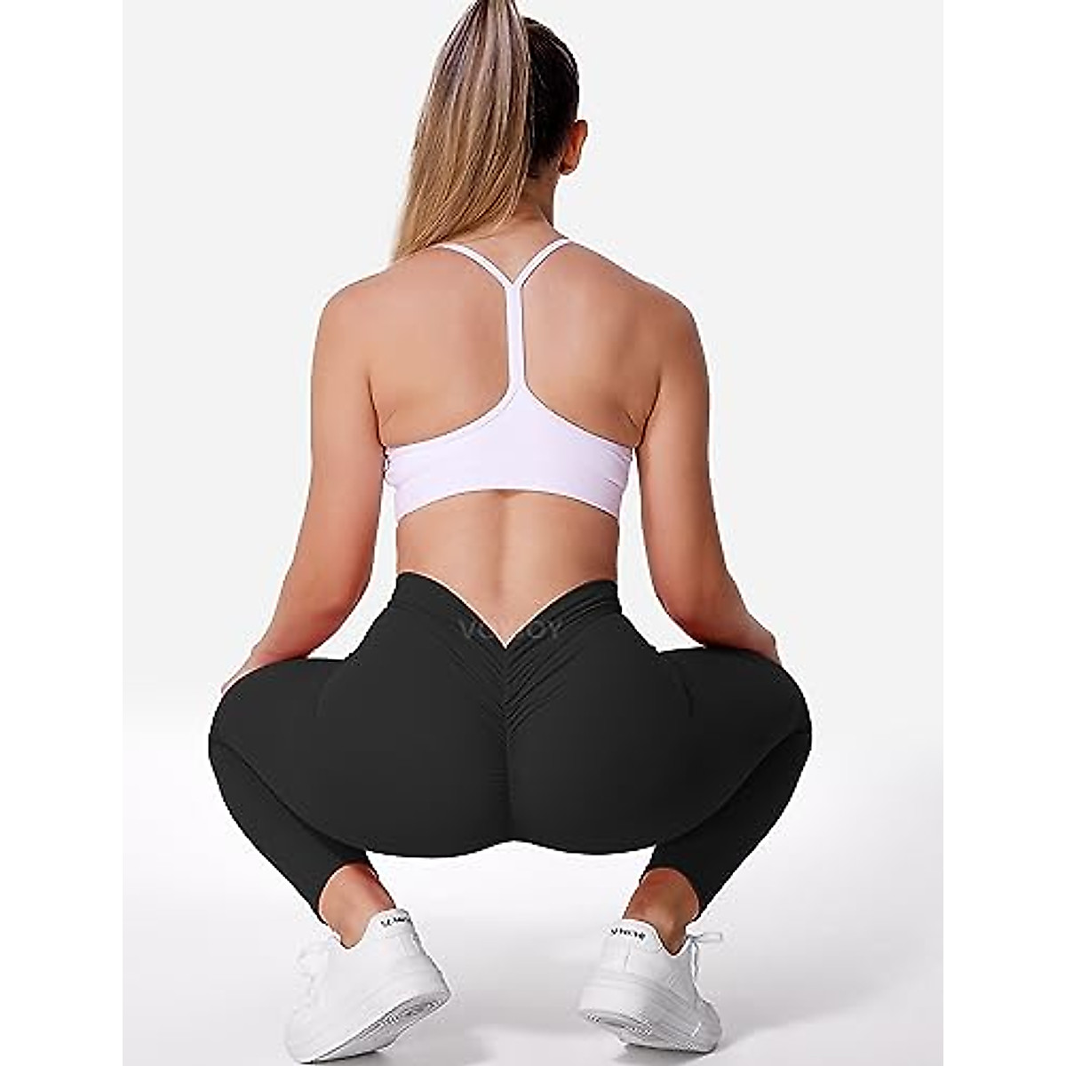 VOYJOY V-Back Scrunch Butt Leggings Workout Gym Lifting Leggings Gym Leggings Booty Tights Deep Black