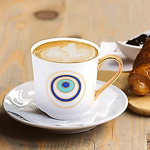 Luxshiny Evil Eye Coffee Mug Ceramic Turkish Eye Water Cups Espresso Tea Cup Coffee Cup Arabic Greek Milk Mug for Home Office ( White )