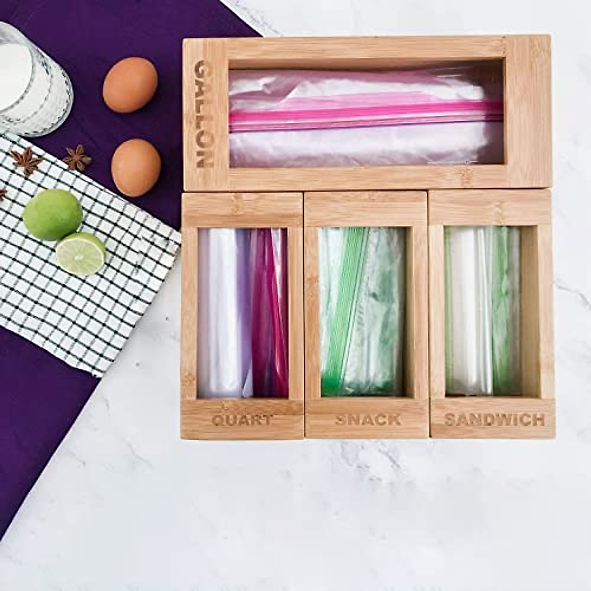 ANLIZY Ziplock Bag Storage Organizer - Plastic Bag Organizer for Kitchen Drawer, Bamboo Baggie Organizer for Gallon, Quart, Sandwich, Snack, Compatible with Ziploc, Glad, Solimo, 365 by WFM, Hefty
