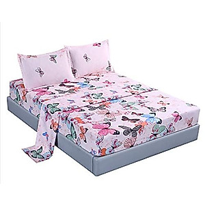 MAG 4PCS Full Size Butterfly Bedding Sheet Set, Home Microfiber Bed Sheet, with1 Top Flat & 1 Fitted Sheet with 2 Pillowcases, 14 Inches Deep, Full