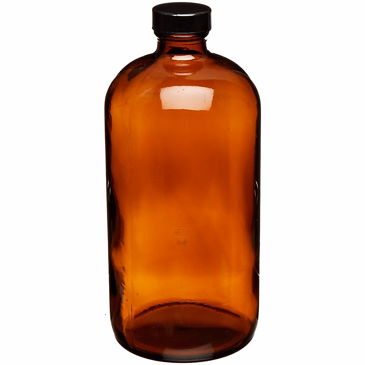 JG Finneran D0161-32 Amber Borosilicate Glass Standard Boston Round Bottle with Black Phenolic Closure, PE Cone Lined, 33-400mm Cap Size, 32oz Capacity (Pack of 12)