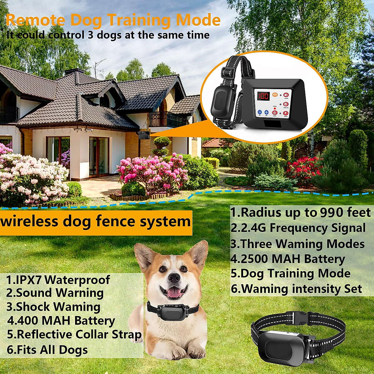 HEXIEDEN Wireless Dog Fence,Pet Containment System,Electric Dog Training Collar with Remote Dog Boundary System,Reflective Stripe,Waterproof,Adjustable Range,Harmless,for 1 2 3 Dogs,for3dogs