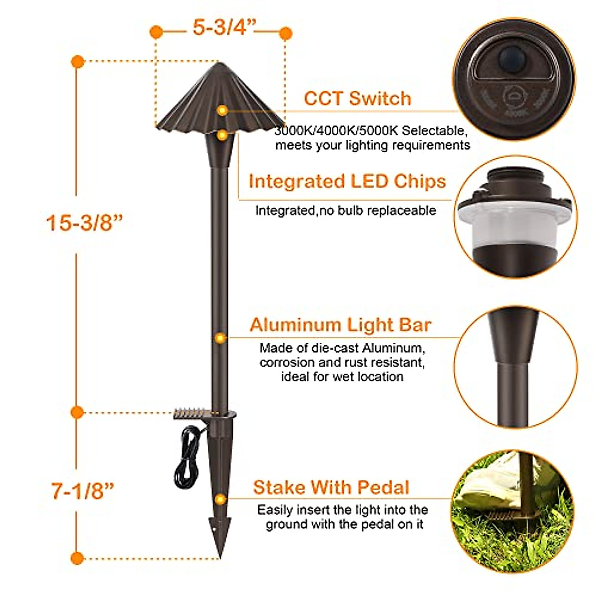 CLOUDY BAY 3000K/4000K/5000K Selectable LED Landscape Pathway Light for Yard Patio,5W 12V~15V AC/DC Low Voltage Path Lighting, Waterproof,6 Pack