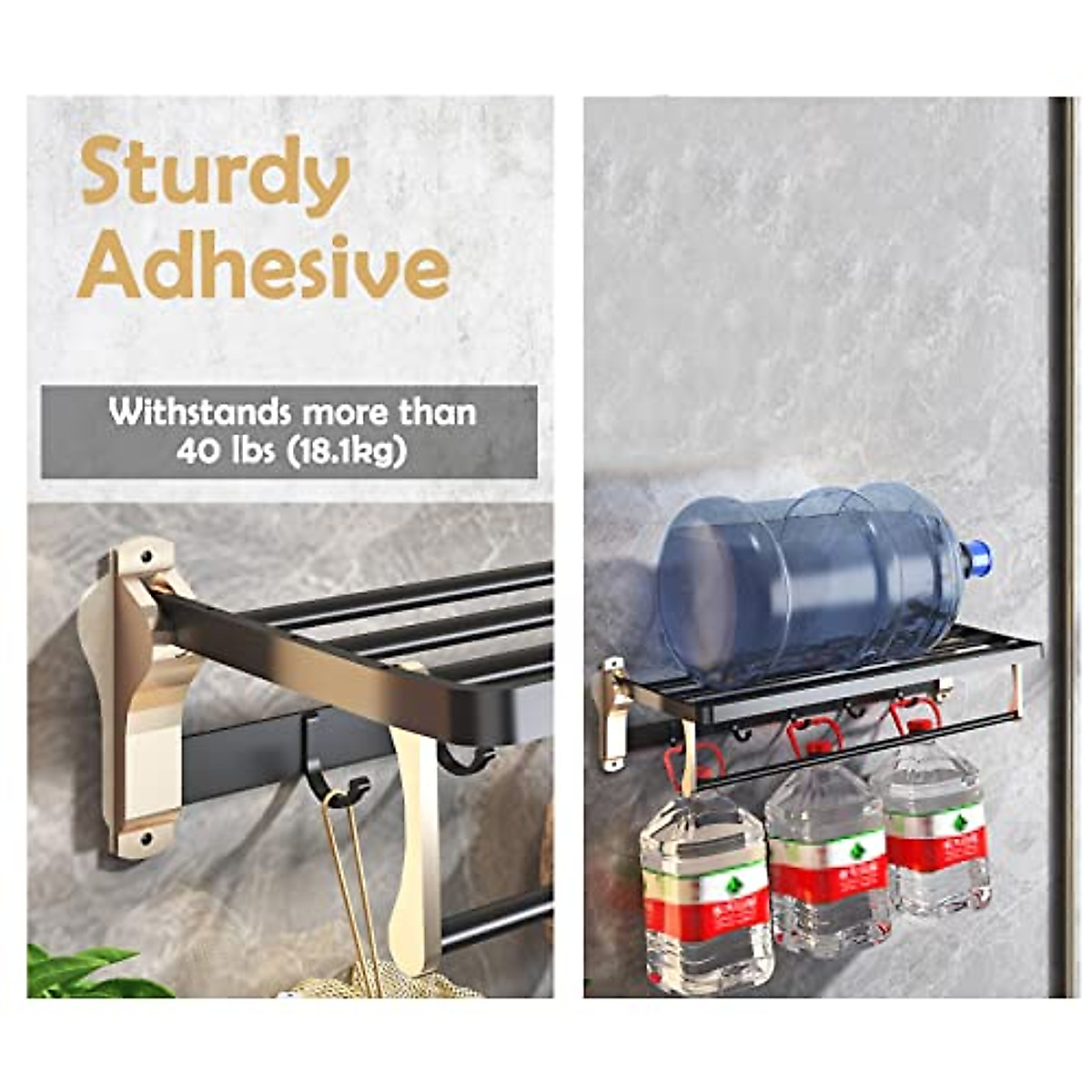 ROZZWILD Towel Rack Wall Mounted 24 Inch Adhesive No Drill Towel Storage Shelf with 5 Hooks for Bathroom Aluminum Alloy Rustproof Matte Black Gold