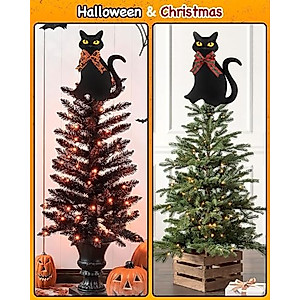 Black Cats Christmas Tree Topper with Stand and Changeable Bows Halloween Xmas Tree Ornament Winter Holidays Home Decorations Cat Lovers Gift Ideas