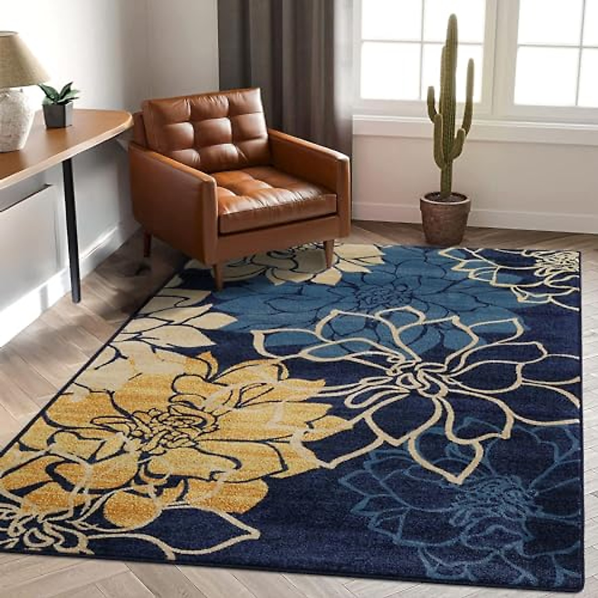 Zacoo Rugs for Living Room 8x10 Rug Modern Area Rug Floral Rug Bedroom Decor Floor Mats Ultra Soft Area Rug Large Non Slip Non Shedding Office Rug Aesthetic Rug for Nursery, Black/Navy/Gold 8'x10'