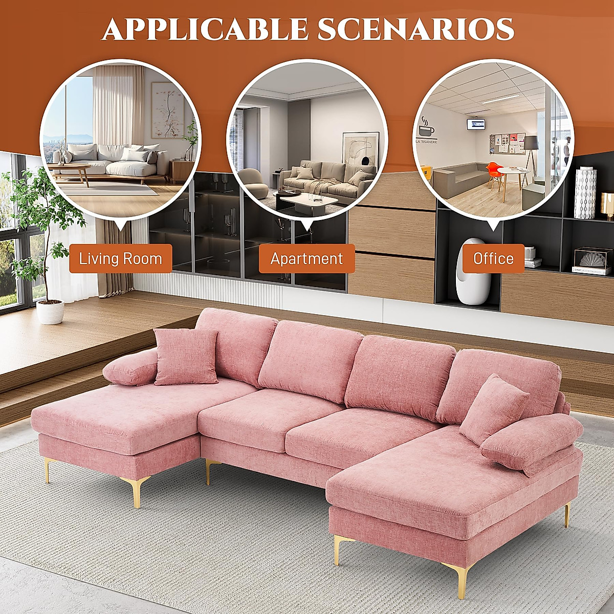 OUYESSIR U-Shaped Sectional Sofa Couch, 4 Seat Sofa Set for Living Room, 110.6" L-Shaped Chenille Sleeper Couch Set with Double Chaise Lounge (Pink)