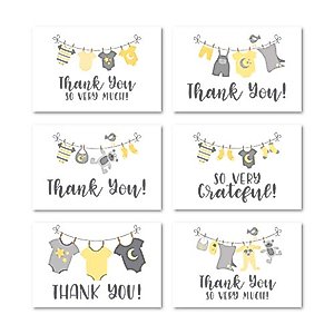 24 Clothesline Baby Shower Thank You Cards With Envelopes, Girl or Boy Sprinkle Thank-You Note, 4x6 Gratitude Card Gift For Guest Pack, Gender Neutral Reveal DIY So Grateful Varied Event Stationery