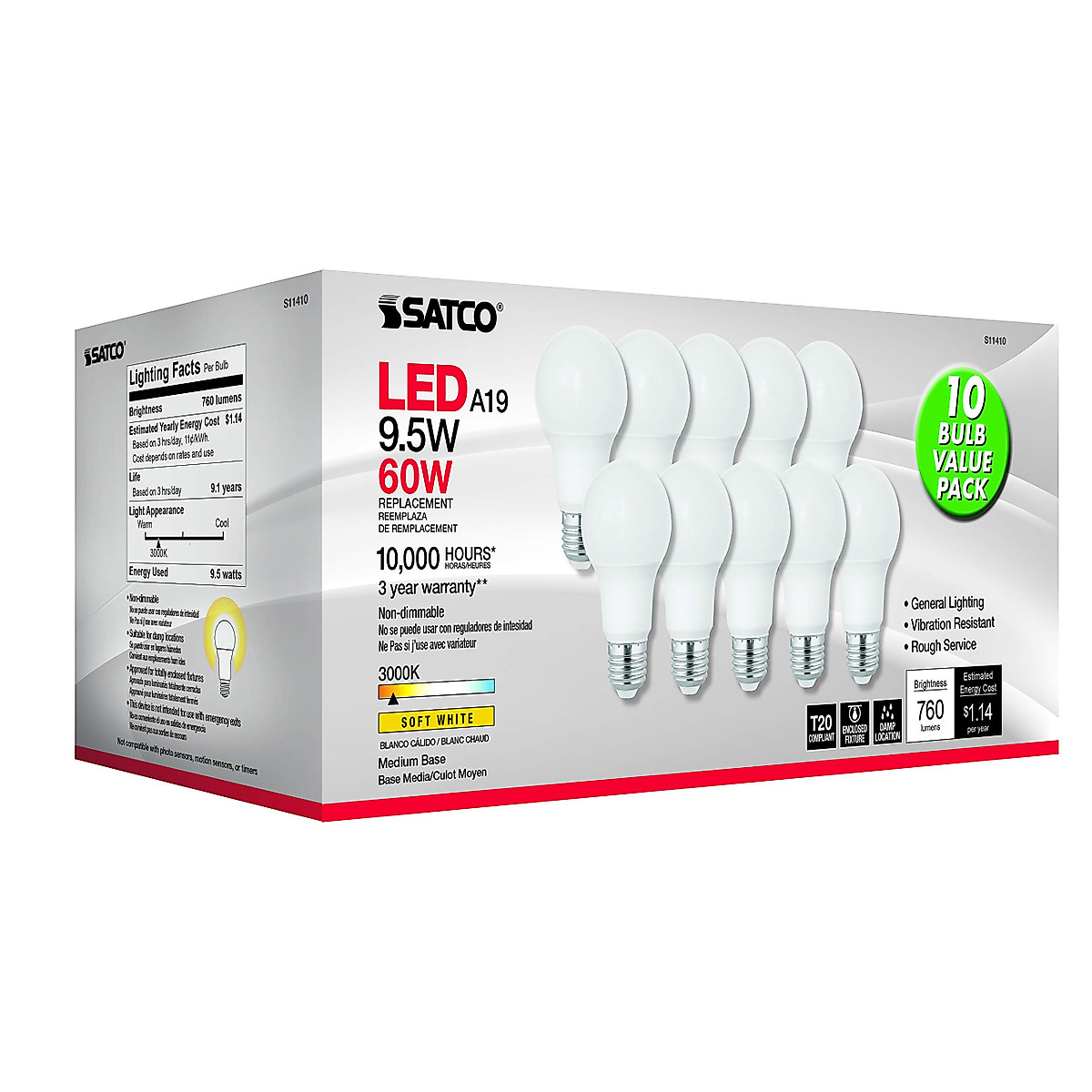 Satco S11410 9.5-Watt A19 LED Light Bulbs, 60-Watt Replacement, 3000K Warm White, 760 Lumens, 10 Pack