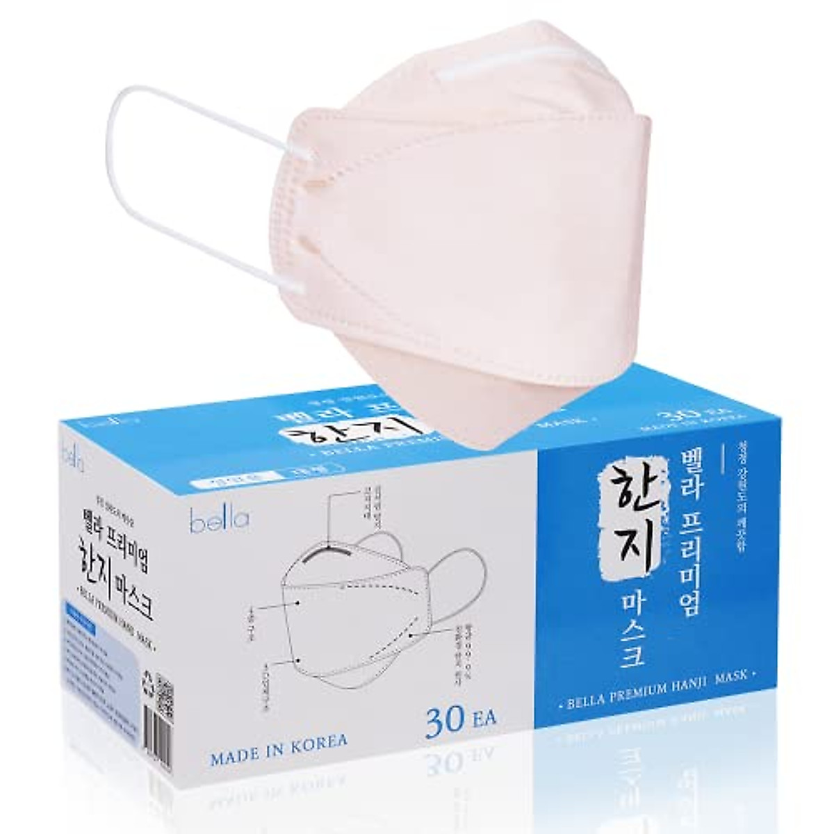 [Made in Korea] Bella Premium Hanji Mask (30, Pastel Peach): Filter Efficiency ≥ 97%, 4-Layer Breathable Quality 3D Mask with Adjustable Nose Strip