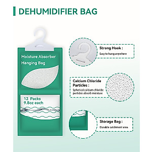 Tvuidgeg Moisture Absorbers Packets, Fragrance Free (12 Pack), Humidity Packs, Hanging Closet Dehumidifier Bags, Moisture Absorb 9.8OZ Hanging Bags for Bedroom, Kitchen, Basement, Storeroom, Study