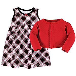 Hudson Baby Baby Girls' Quilted Cardigan and Dress, Black Red Plaid, 0-3 Months