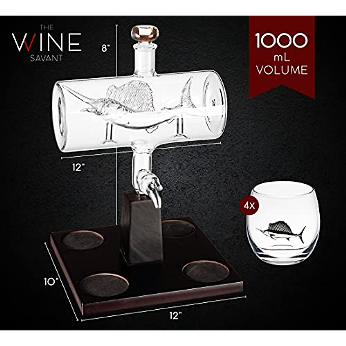 Swordfish & Sailfish Wine &Whiskey Decanter Dispenser and 4 Liquor Glasses - Fishing & Boat Decanter & Glass Set - Fishing Gifts for Men Bourbon & Scotch Decanter for Alcohol - Fisherman Gifts for Dad