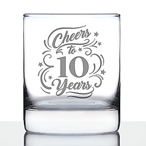 Cheers to 10 Years - Whiskey Rocks Glass Gifts for Women & Men - 10th Anniversary Party Decor - 10.25 Oz Glass