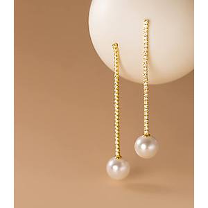 SLUYNZ 925 Sterling Silver Pearl Dangle Earrings Chain for Women Long CZ Dangling Earrings Pearl Drop (B-Gold Plated)