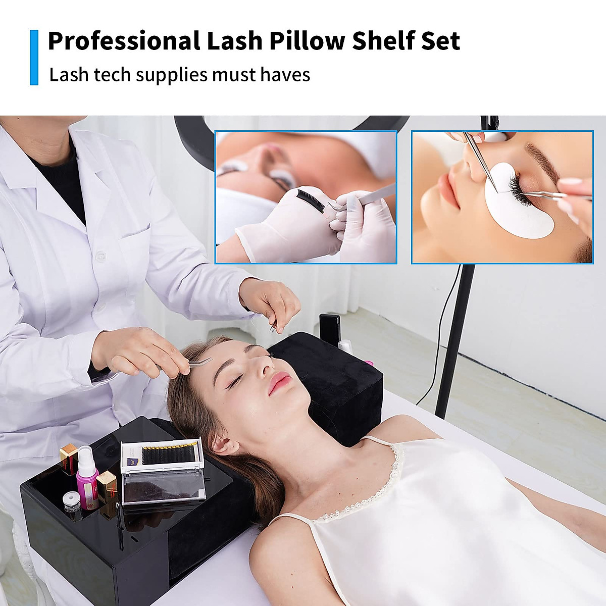 Eyelash Extension Neck Pillow With Acrylic Shelf Organizer Stand, Velvet Warm Lash Extension Grafting Pillow Makeup Tool Display Cabinet Shelves - Black Shelf + Black Pillow(Velvet Pillowcase Updated)