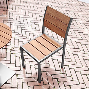 BizChair Commercial Grade Armless Patio Chair, Stackable Side Chair with Faux Teak Poly Slats and Metal Frame, Natural/Gray