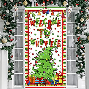 Whoville Christmas Door Cover for Christmas Party Decorations, Wellcome To Whoville Christmas Sign Backdrop Xmas Door Hanging Banner for Christmas Eve Holiday Party Supplies