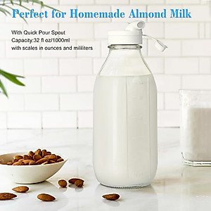 Liter Glass Milk Bottles w Scale, 100% Airtight Heavy Duty Screw Lid - 4 Pack 32 Oz Drinking Jars w Lids - Glass Bottles for Milk, Honey, Jam - Dishwasher Safe(Extra 2 Lids and Stickers)