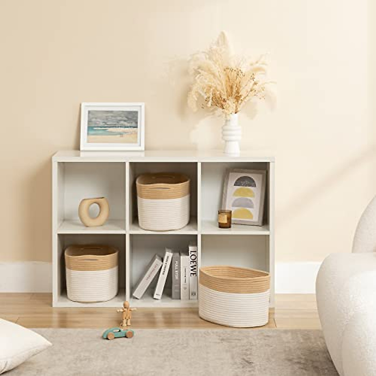 UBBCARE Set of 2 Cotton Rope Storage Baskets for shelves-15 in x 10 in x 9 in, Foldable Woven Storage Basket for Organizing,Decorative Cube Storage Bins with handles for Living Room