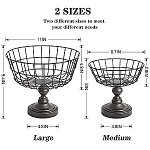 Black Fruit Basket for Kitchen, 2 Pack Metal Fruit Bowl for Kitchen Counter, Decorative Black Wire Baskets with Detachable Non-Slip Pedestal, Fruit Holder for Vegetable Bread Storage (11” & 8.7 “)