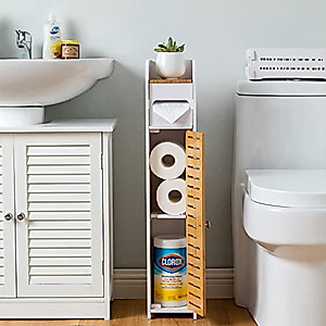 AOJEZOR Bathroom Storage Cabinet,Small Bathroom Storage Cabinet Set of 2 White-Bamboo Narrow Bathroom Cabinet Waterproof Great for Small Spaces,Slim Bathroom Storage Fit for Toilet Paper Storage
