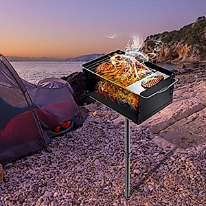 Outdoor Park Style Grill Rotatable 4 Level Height Adjustable BBQ Grill Steel 25 inch x 17 inch Cooking Area Camp Grill for Parks Gardens or Balconies